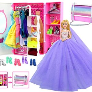 ZITA ELEMENT 34 Pcs 11.5 Inch Girl Doll Closet Wardrobe Set for 11.5 Inch Girl Doll Clothes and Accessories - Including Handbag Style Closet, Dresses, Swimsuits, Shoes, Hangers and Necklaces