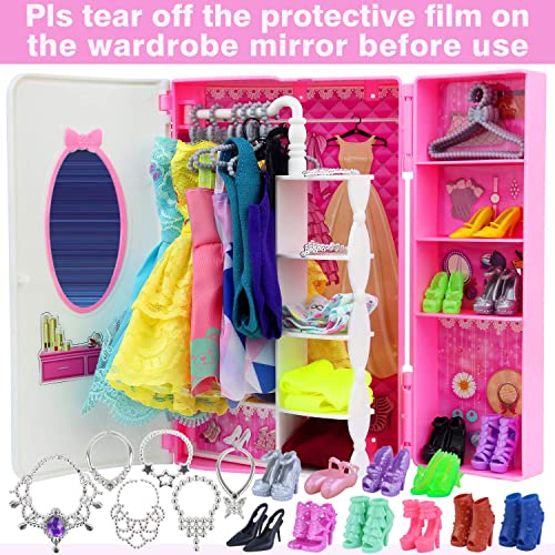 ZITA ELEMENT 34 Pcs 11.5 Inch Girl Doll Closet Wardrobe Set for 11.5 Inch Girl Doll Clothes and Accessories - Including Handbag Style Closet, Dresses, Swimsuits, Shoes, Hangers and Necklaces