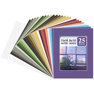 golden state art, pack of 25 mixed colors pre-cut 11x14 picture mat for 8x10 photo with white core bevel cut mattes sets. includes 25 high premier acid free mats & 25 backing board & 25 clear bags