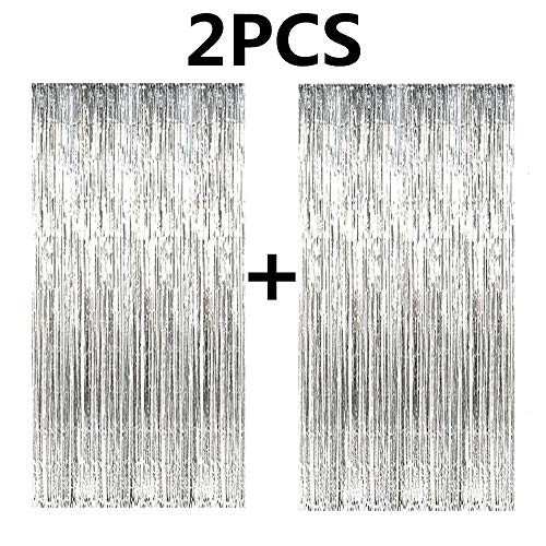 Fecedy 2pcs 3ft x 8.3ft Silver Metallic Tinsel Foil Fringe Curtains Photo Booth Props for Birthday Wedding Engagement Bridal Shower Baby Shower Bachelorette Holiday Celebration Party Decorations