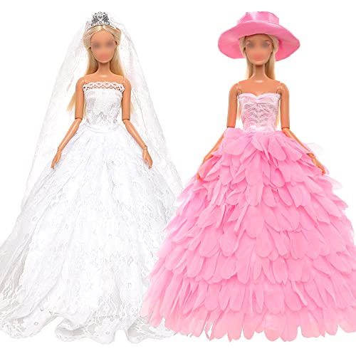 BARWA White Wedding Dress with Veil and Pink Princess Evening Party Clothes Wears Gown Dress Outfit with Hat for 11.5 Inch Girl Doll