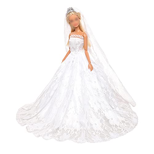 BARWA White Wedding Dress with Veil and Pink Princess Evening Party Clothes Wears Gown Dress Outfit with Hat for 11.5 Inch Girl Doll