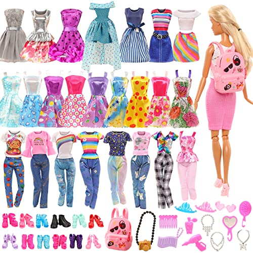 Barwa Lot 36 Items 3 Sets Fashion Dresses 3 Set Casual Tops and Pants 6 Pcs Mini Dresses with 1 Bags 10 Shoes, 13 Accessories for 11.5 Inch Girl Doll Birthday Xmas