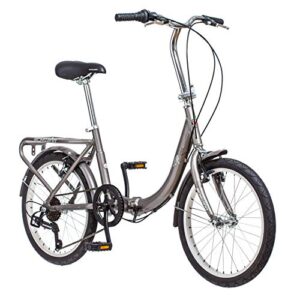 schwinn loop adult folding bike for men and women, 20-inch wheels, 7-speed drivetrain, rear cargo rack, carrying bag, silver