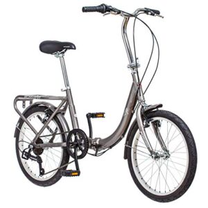 Schwinn Loop Adult Folding Bike for Men and Women, 20-inch Wheels, 7-Speed Drivetrain, Rear Cargo Rack, Carrying Bag, Silver