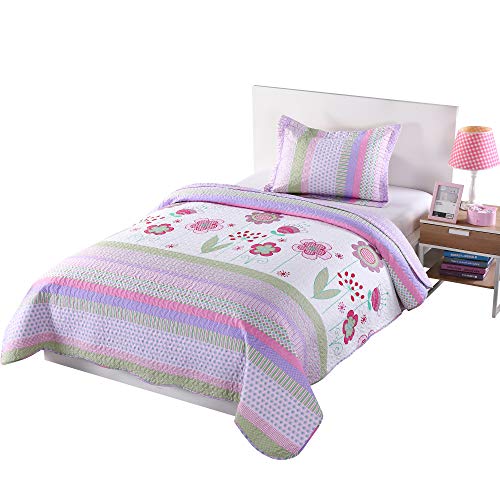 MarCielo 2 Piece Kids Bedspread Quilts Set Throw Blanket for Teens Girls Bed Printed Bedding Coverlet, Twin Size, Purple Floral Striped (Twin)