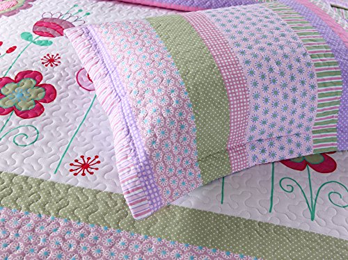 MarCielo 2 Piece Kids Bedspread Quilts Set Throw Blanket for Teens Girls Bed Printed Bedding Coverlet, Twin Size, Purple Floral Striped (Twin)