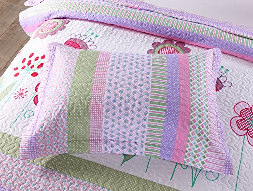 MarCielo 2 Piece Kids Bedspread Quilts Set Throw Blanket for Teens Girls Bed Printed Bedding Coverlet, Twin Size, Purple Floral Striped (Twin)