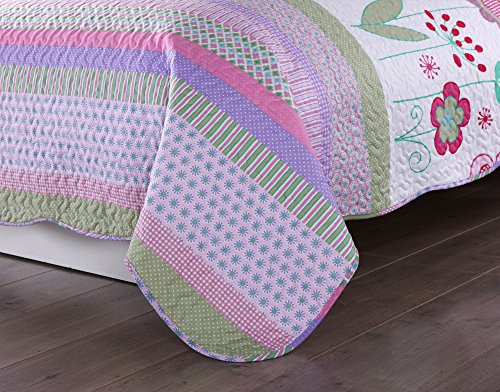 MarCielo 2 Piece Kids Bedspread Quilts Set Throw Blanket for Teens Girls Bed Printed Bedding Coverlet, Twin Size, Purple Floral Striped (Twin)