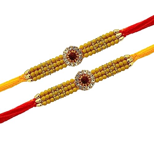 Set of Two Rakhi, Stone & Moti, Thread. Rakhi, Single Rudraksha with Golden Rings and Beads Rakhi Thread