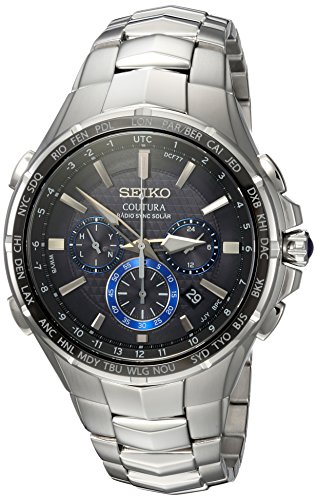 SEIKO SSG009 Watch for Men - Coutura Collection - Radio Sync Solar Chronograph, Stainless Steel Case & Bracelet, Black Dial with Lumibrite Hands & Markers, and Date Calendar