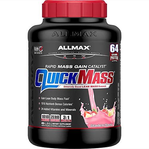 ALLMAX QUICKMASS, Strawberry Banana - 6 lb - Rapid Mass Gain Catalyst - Up to 64 Grams of Protein Per Serving - 3:1 Carb to Protein Ratio - Zero Trans Fat - Up to 42 Servings