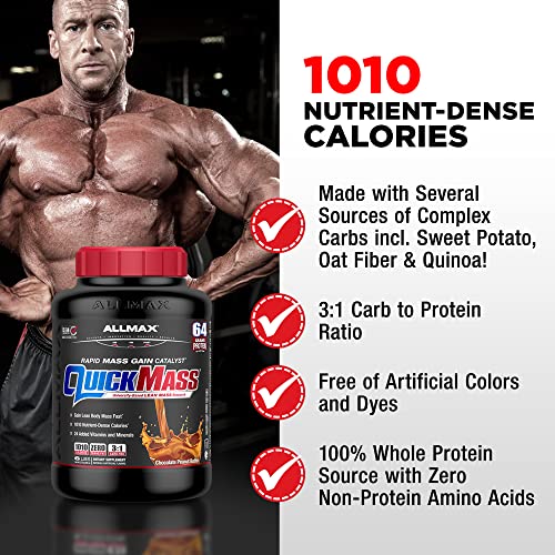 ALLMAX QUICKMASS, Strawberry Banana - 6 lb - Rapid Mass Gain Catalyst - Up to 64 Grams of Protein Per Serving - 3:1 Carb to Protein Ratio - Zero Trans Fat - Up to 42 Servings