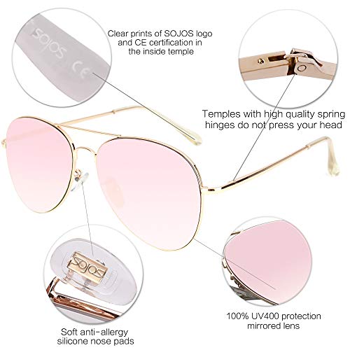 SOJOS Classic Aviator Sunglasses for Women Men Metal Frame Spring Hinges SJ1030, Gold/Pink