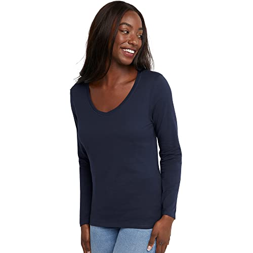 Hanes Women's Originals Long Sleeve Cotton T-Shirt, Lightweight V-Neck Tee, Modern Fit, Navy, XX-Large