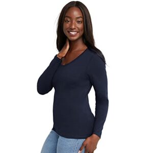 Hanes Women's Originals Long Sleeve Cotton T-Shirt, Lightweight V-Neck Tee, Modern Fit, Navy, XX-Large