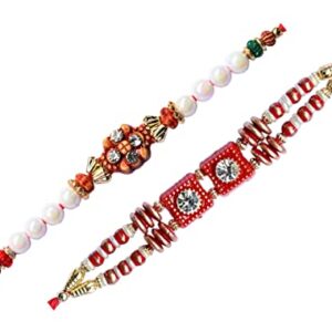 Purpledip Rakhi Set in Designer Shagun Envelope for Brother: Roli Chawal Tika & 2 Rakshabandhan Bracelets (rakhi39r)