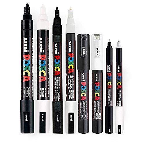 POSCA Black & White - Fine to Medium Set of 8 Pens PC-5M, PC-3M, PC-1M, PC-1MR