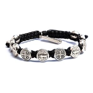 my saint my hero benedictine blessing bracelet, handwoven - black cording/silver medals with silver "blessed" tag