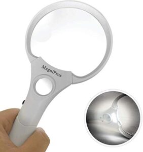 magnipros 3 ultra bright led lights 3x 4.5x 25x power handheld reading magnifying glass with light- ideal for reading small prints, map, coins, inspection and jewelry loupe…