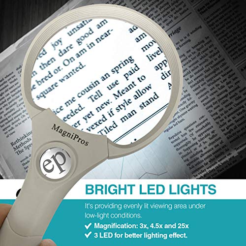 MagniPros 3 Ultra Bright LED Lights 3X 4.5X 25X Power Handheld Reading Magnifying Glass with Light- Ideal for Reading Small Prints, Map, Coins, Inspection and Jewelry Loupe…