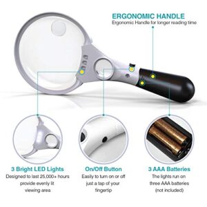 MagniPros 3 Ultra Bright LED Lights 3X 4.5X 25X Power Handheld Reading Magnifying Glass with Light- Ideal for Reading Small Prints, Map, Coins, Inspection and Jewelry Loupe…