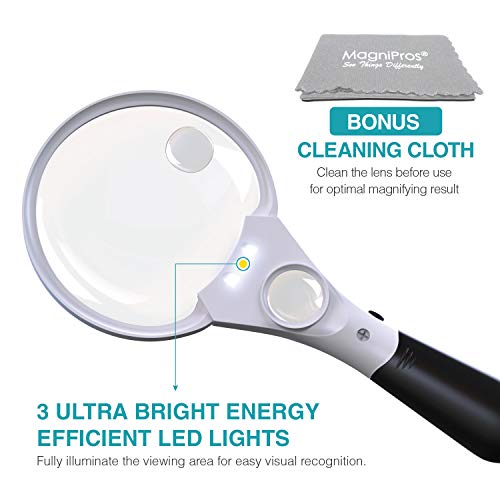 MagniPros 3 Ultra Bright LED Lights 3X 4.5X 25X Power Handheld Reading Magnifying Glass with Light- Ideal for Reading Small Prints, Map, Coins, Inspection and Jewelry Loupe…