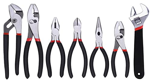 FASTPRO 7-Piece Utility Pliers and Wrench Set, Includes Slip Joint Pliers, Long Nose Pliers, Diagonal Pliers, Groove Joint Pliers, Linesman Pliers and Adjustable Wrench, Dipped Handle