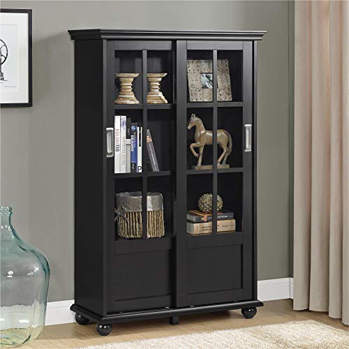 Ameriwood Home Aaron Lane 4 tier Bookcase with Sliding Glass Doors, Black