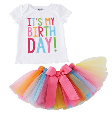 Girls'It's My Birthday Print Shirt Tutu Skirt Dress Outfit Set (White+Pink a, 4-5 Years)