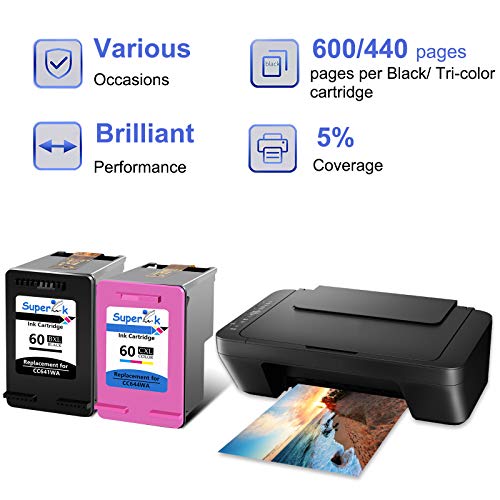 SuperInk Remanufactured 60XL 60 XL CC641WN CC644WN Ink Cartridge Replacement Compatible for Hp Photosmart C4680 D110 Deskjet D2680 D1660 D2530 F2430 F4210 Printer (1 Black 1 Tri-Color)