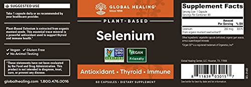 Global Healing Selenium 200mcg, Selenium Supplement with Organic Ingredients, Antioxidants for Thyroid Support and Immune Health, Non-GMO & Gluten-Free, Selenium 200 mcg for Men & Women (60 Capsules)