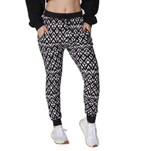 ingear women super soft joggers casual sports harem running tie waist yoga pilates pants summer and winter (black/white zigzag, small/medium)