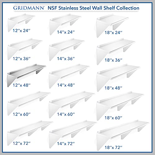 GRIDMANN 12" x 48" Stainless Steel Wall Mount Shelf with Backsplash, Commercial Grade - NSF Certified 18 Gauge Shelving for Restaurant, Kitchen, Utility Room, Garage