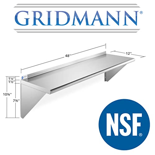 GRIDMANN 12" x 48" Stainless Steel Wall Mount Shelf with Backsplash, Commercial Grade - NSF Certified 18 Gauge Shelving for Restaurant, Kitchen, Utility Room, Garage