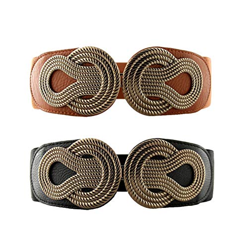 VOCHIC 2pcs Vintage Metal Interlock Buckle Wide Elastic Waist Belt Womens Basic Stretchy Cinch,Black+brown,Small(25.39"- 39.37")