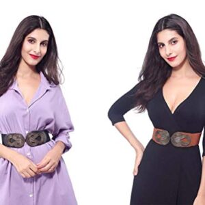 VOCHIC 2pcs Vintage Metal Interlock Buckle Wide Elastic Waist Belt Womens Basic Stretchy Cinch,Black+brown,Small(25.39"- 39.37")