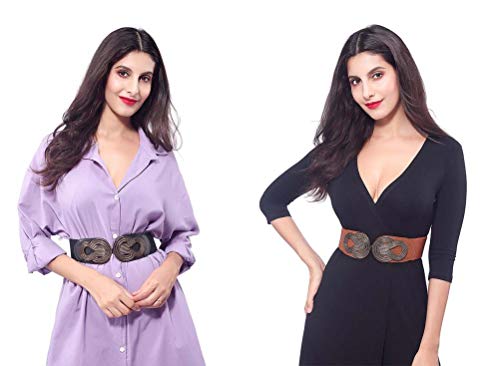 VOCHIC 2pcs Vintage Metal Interlock Buckle Wide Elastic Waist Belt Womens Basic Stretchy Cinch,Black+brown,Small(25.39"- 39.37")