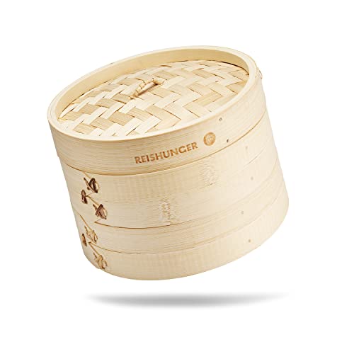 Reishunger Bamboo Steamer Handmade Basket, Traditional 2-Tier Design - 10 Inch - for Dumplings, Rice, Dim Sum, Vegetables, Fish and Meat - Incl. 2 Cotton Cloths