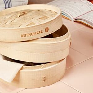 Reishunger Bamboo Steamer Handmade Basket, Traditional 2-Tier Design - 10 Inch - for Dumplings, Rice, Dim Sum, Vegetables, Fish and Meat - Incl. 2 Cotton Cloths