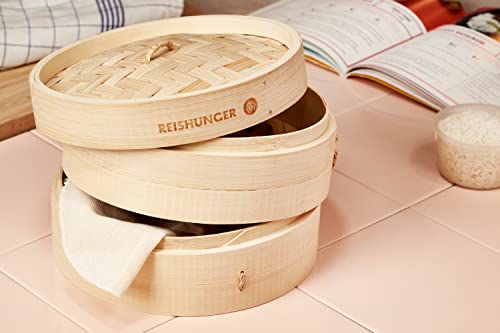 Reishunger Bamboo Steamer Handmade Basket, Traditional 2-Tier Design - 10 Inch - for Dumplings, Rice, Dim Sum, Vegetables, Fish and Meat - Incl. 2 Cotton Cloths