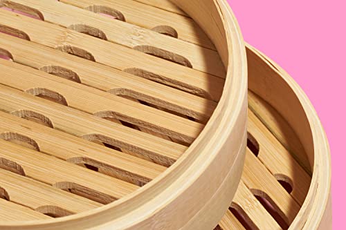 Reishunger Bamboo Steamer Handmade Basket, Traditional 2-Tier Design - 10 Inch - for Dumplings, Rice, Dim Sum, Vegetables, Fish and Meat - Incl. 2 Cotton Cloths