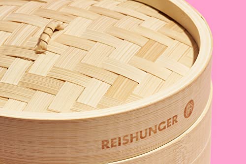 Reishunger Bamboo Steamer Handmade Basket, Traditional 2-Tier Design - 10 Inch - for Dumplings, Rice, Dim Sum, Vegetables, Fish and Meat - Incl. 2 Cotton Cloths