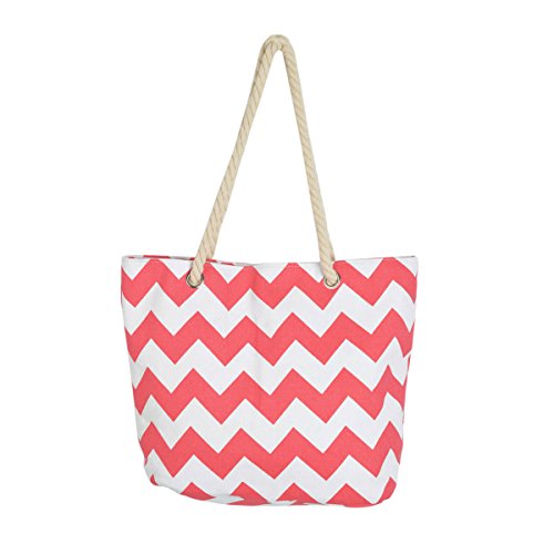 Premium Large Chevron Zig Zag Canvas Tote Shoulder Bag Handbag, Coral Orange