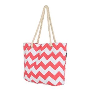 Premium Large Chevron Zig Zag Canvas Tote Shoulder Bag Handbag, Coral Orange