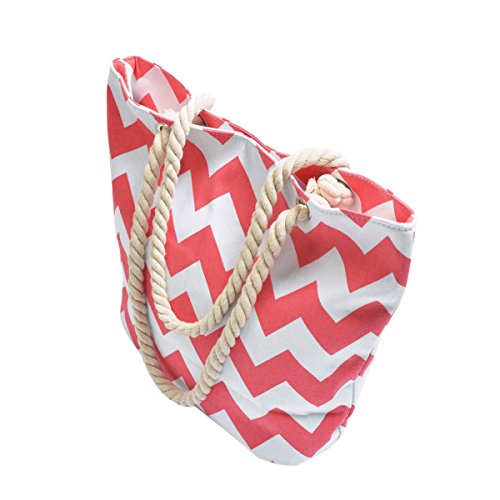 Premium Large Chevron Zig Zag Canvas Tote Shoulder Bag Handbag, Coral Orange