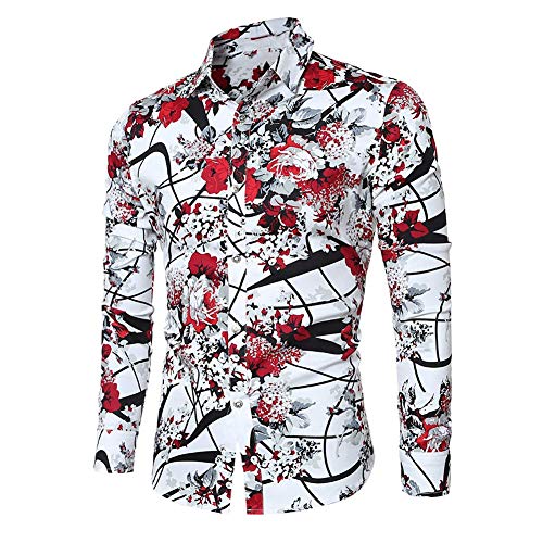 Cloudstyle Men Shirt Stylish Slim Fit Button Down Long Sleeve Floral Shirt,Red,Large