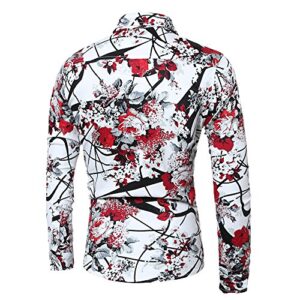 Cloudstyle Men Shirt Stylish Slim Fit Button Down Long Sleeve Floral Shirt,Red,Large