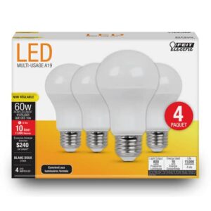 Feit Electric LED Light Bulbs, A19 60W Equivalent, Non Dimmable, 800 Lumens, A19 LED Light Bulbs, E26 Base, 2700k Soft White, A19 LED Bulbs, 10 Year Lifetime, 4 Pack, A800/827/10KLED/4