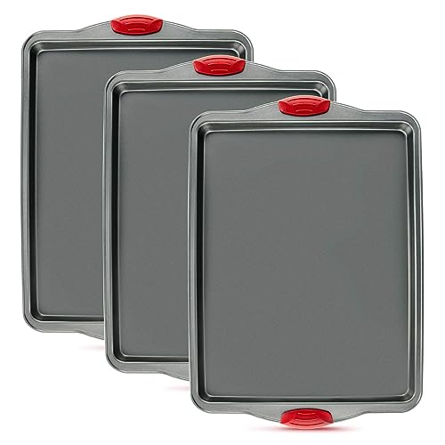 Nonstick Baking Sheet Tray Set of 3 - These Cookie Sheet Pans are Non-toxic, Dent, Warp, and Rust Resistant. Made with Heavy Gauge Carbon Steel for Oven Baking Sheets.